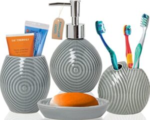 designer 4-piece bathroom accessory set – ceramic bath set w/liquid soap or lotion dispenser, toothbrush holder, tumbler and soap dish – decorative set w/embossed details – modern vanity accessories