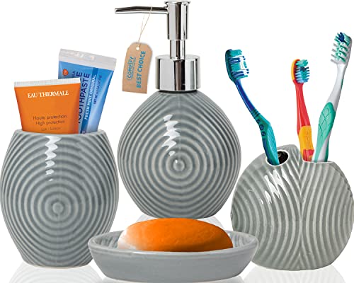 Designer 4-Piece Bathroom Accessory Set – Ceramic Bath Set w/Liquid Soap or Lotion Dispenser, Toothbrush Holder, Tumbler and Soap Dish – Decorative Set w/Embossed Details – Modern Vanity Accessories