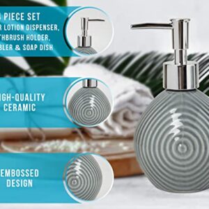 Designer 4-Piece Bathroom Accessory Set – Ceramic Bath Set w/Liquid Soap or Lotion Dispenser, Toothbrush Holder, Tumbler and Soap Dish – Decorative Set w/Embossed Details – Modern Vanity Accessories