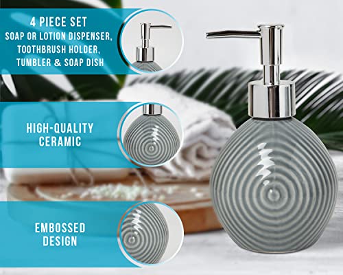 Designer 4-Piece Bathroom Accessory Set – Ceramic Bath Set w/Liquid Soap or Lotion Dispenser, Toothbrush Holder, Tumbler and Soap Dish – Decorative Set w/Embossed Details – Modern Vanity Accessories