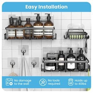 Shower Caddy, Shower Organizer for Bathroom Storage No Drilling, 3 Pack Adhesive Shower Shelves and 3 Adhesive Hooks - Large Capacity, Rustproof Stainless Steel, Shower Shelf for Inside Shower - Black