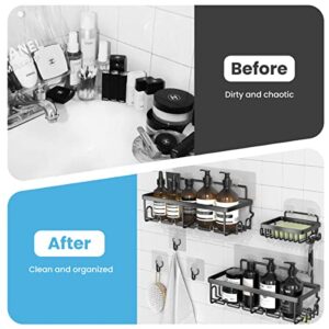 Shower Caddy, Shower Organizer for Bathroom Storage No Drilling, 3 Pack Adhesive Shower Shelves and 3 Adhesive Hooks - Large Capacity, Rustproof Stainless Steel, Shower Shelf for Inside Shower - Black