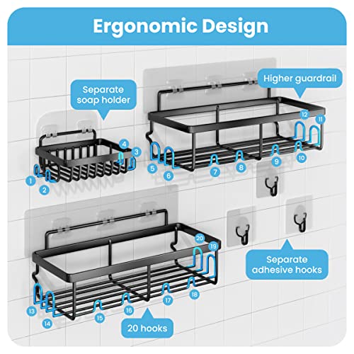 Shower Caddy, Shower Organizer for Bathroom Storage No Drilling, 3 Pack Adhesive Shower Shelves and 3 Adhesive Hooks - Large Capacity, Rustproof Stainless Steel, Shower Shelf for Inside Shower - Black