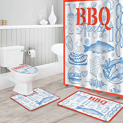 BBQ Party 4 Pcs Shower Curtain Set, 66" x 72" Waterproof Shower Curtains with 12 Hooks, Blue Lines BBQ Fish Hamburger Orange Lace Bathroom Sets with Shower Curtain and Rugs