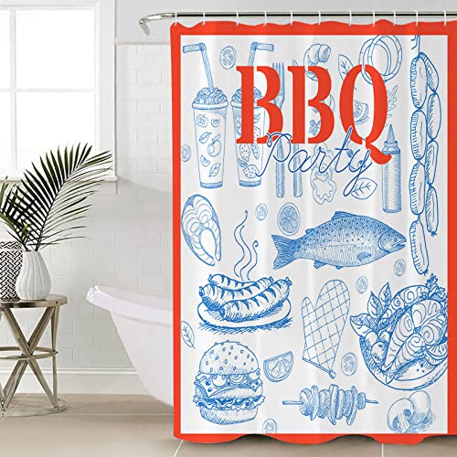 BBQ Party 4 Pcs Shower Curtain Set, 66" x 72" Waterproof Shower Curtains with 12 Hooks, Blue Lines BBQ Fish Hamburger Orange Lace Bathroom Sets with Shower Curtain and Rugs