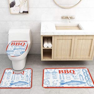 BBQ Party 4 Pcs Shower Curtain Set, 66" x 72" Waterproof Shower Curtains with 12 Hooks, Blue Lines BBQ Fish Hamburger Orange Lace Bathroom Sets with Shower Curtain and Rugs