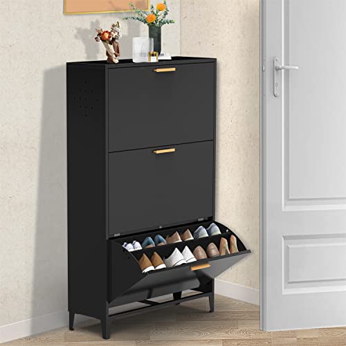 LKTART 3-Drawer All-Steel Shoe Cabinet, Independent Shoe Rack with Flip Door can be Hung and can be Floor Modern Storage Manager Suitable for Entrance Corridor and Bedroom.(Black)