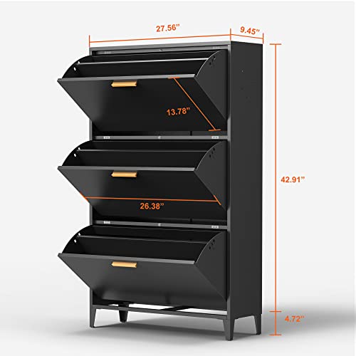 LKTART 3-Drawer All-Steel Shoe Cabinet, Independent Shoe Rack with Flip Door can be Hung and can be Floor Modern Storage Manager Suitable for Entrance Corridor and Bedroom.(Black)