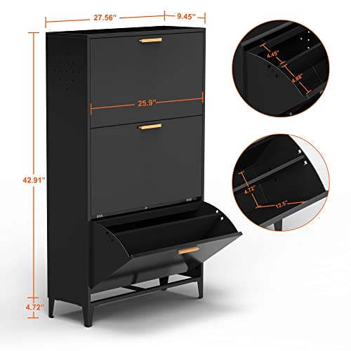 LKTART 3-Drawer All-Steel Shoe Cabinet, Independent Shoe Rack with Flip Door can be Hung and can be Floor Modern Storage Manager Suitable for Entrance Corridor and Bedroom.(Black)