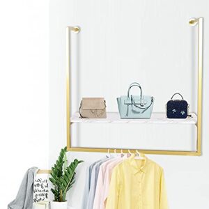 Gold Wall Mounted Clothes Rack Square Wall Pole, U Shape Industrial Pipe Hanging Clothes Rack Retail Garment Display Rack with One Layer Shelving Shelves for Retail Stores, Boutiques, Shops, Homes