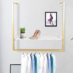 Gold Wall Mounted Clothes Rack Square Wall Pole, U Shape Industrial Pipe Hanging Clothes Rack Retail Garment Display Rack with One Layer Shelving Shelves for Retail Stores, Boutiques, Shops, Homes