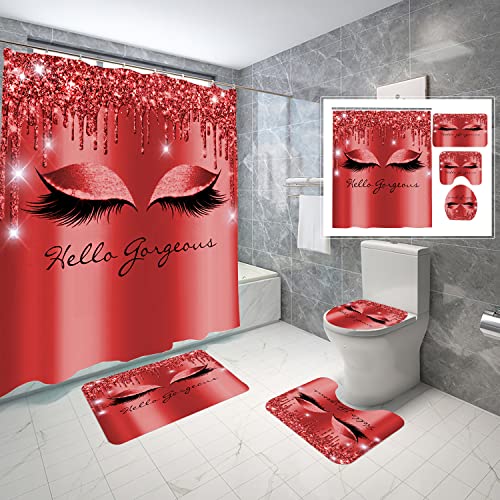 4Pcs Red Hello Gorgeous Shower Curtains Bathroom Sets with Rugs and Accessories for Women Bling Eyelash Modern Red Shower Curtains Sets with Soft Bath Mat and Toilet Seat Cover