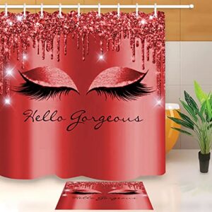 4Pcs Red Hello Gorgeous Shower Curtains Bathroom Sets with Rugs and Accessories for Women Bling Eyelash Modern Red Shower Curtains Sets with Soft Bath Mat and Toilet Seat Cover