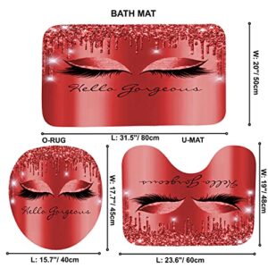 4Pcs Red Hello Gorgeous Shower Curtains Bathroom Sets with Rugs and Accessories for Women Bling Eyelash Modern Red Shower Curtains Sets with Soft Bath Mat and Toilet Seat Cover