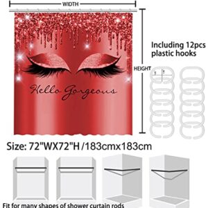 4Pcs Red Hello Gorgeous Shower Curtains Bathroom Sets with Rugs and Accessories for Women Bling Eyelash Modern Red Shower Curtains Sets with Soft Bath Mat and Toilet Seat Cover