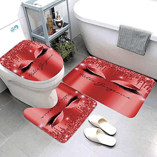 4Pcs Red Hello Gorgeous Shower Curtains Bathroom Sets with Rugs and Accessories for Women Bling Eyelash Modern Red Shower Curtains Sets with Soft Bath Mat and Toilet Seat Cover