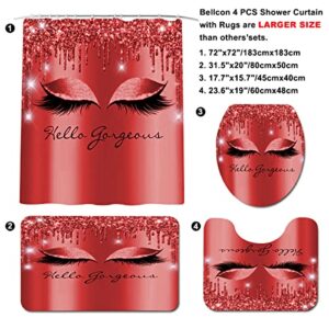 4Pcs Red Hello Gorgeous Shower Curtains Bathroom Sets with Rugs and Accessories for Women Bling Eyelash Modern Red Shower Curtains Sets with Soft Bath Mat and Toilet Seat Cover