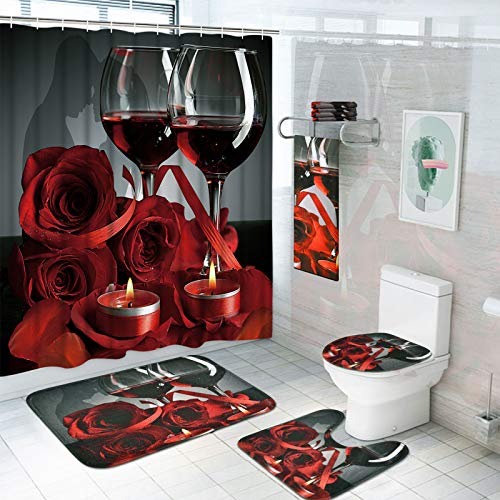 7 Piece Valentines Shower Curtain Sets with Rugs and Towels, Include Non-Slip Rugs, Toilet Lid Cover, Bath Towel and Mat, Romantic Red Rose Shower Curtain with 12 Hooks for Bathroom Decoration