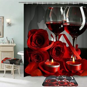 7 Piece Valentines Shower Curtain Sets with Rugs and Towels, Include Non-Slip Rugs, Toilet Lid Cover, Bath Towel and Mat, Romantic Red Rose Shower Curtain with 12 Hooks for Bathroom Decoration