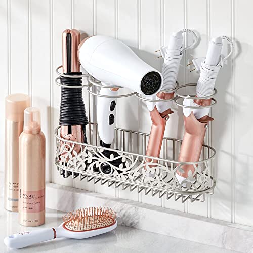 mDesign Steel Wall Mount Hair Dryer Holder, Styling Tool Storage Organizer Basket for Bathroom - Holds Hair Dryer, Flat Iron, Curling Wand, Hair Straighteners, Brushes - Arbor Collection - Satin