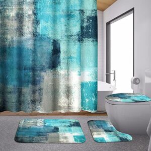 SEEYE 4 Pcs Shower Curtain Set - Bathroom Accessory Set with Non-Slip Rugs, Toilet Lid Cover, Bath Mat, Waterproof Grommet Shower Curtain with 12 Hooks, 72" x 72", Abstract Green