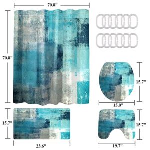 SEEYE 4 Pcs Shower Curtain Set - Bathroom Accessory Set with Non-Slip Rugs, Toilet Lid Cover, Bath Mat, Waterproof Grommet Shower Curtain with 12 Hooks, 72" x 72", Abstract Green