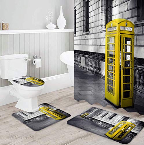 4 Pcs Shower Curtain Set with 12 Hooks, Black and White London Cityscape Yellow Telephone Box Bathroom Decor Sets with Non-Slip Bath Mat Toilet Lid Cover, Waterproof Shower Curtain and Rugs Set