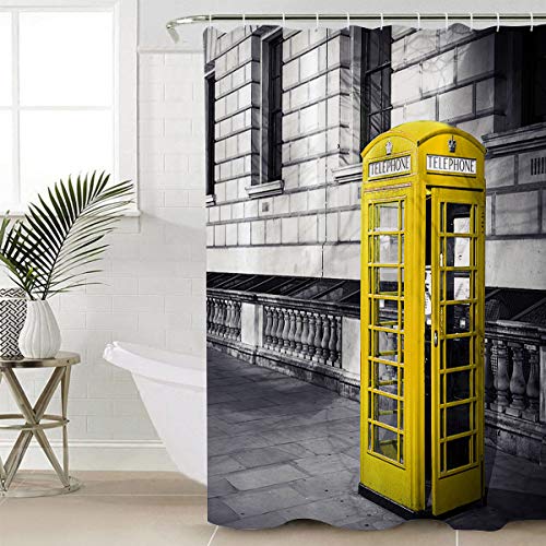 4 Pcs Shower Curtain Set with 12 Hooks, Black and White London Cityscape Yellow Telephone Box Bathroom Decor Sets with Non-Slip Bath Mat Toilet Lid Cover, Waterproof Shower Curtain and Rugs Set