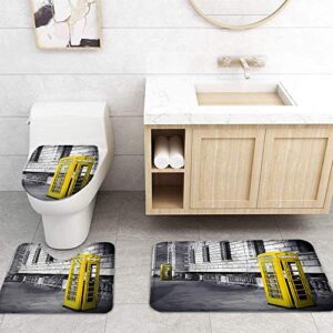 4 Pcs Shower Curtain Set with 12 Hooks, Black and White London Cityscape Yellow Telephone Box Bathroom Decor Sets with Non-Slip Bath Mat Toilet Lid Cover, Waterproof Shower Curtain and Rugs Set