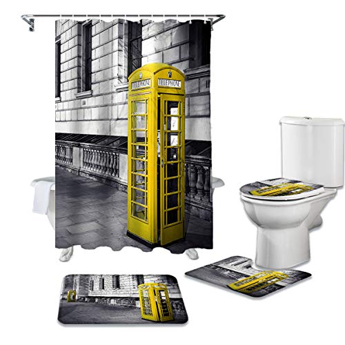 4 Pcs Shower Curtain Set with 12 Hooks, Black and White London Cityscape Yellow Telephone Box Bathroom Decor Sets with Non-Slip Bath Mat Toilet Lid Cover, Waterproof Shower Curtain and Rugs Set