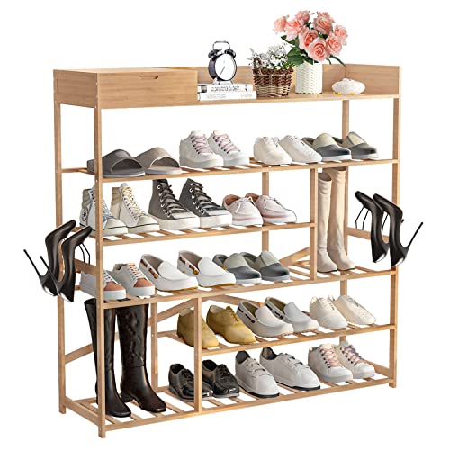 Bonzy Home Shoe Rack Storage Organizer for Entryway, 6-Tier Bamboo Solid Wood Shoe Shelf with Storage Shelf and Removable Hooks, Free Standing Storage Box Shoe Cabinet for Closet, Natural