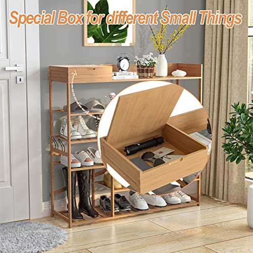 Bonzy Home Shoe Rack Storage Organizer for Entryway, 6-Tier Bamboo Solid Wood Shoe Shelf with Storage Shelf and Removable Hooks, Free Standing Storage Box Shoe Cabinet for Closet, Natural