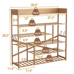 Bonzy Home Shoe Rack Storage Organizer for Entryway, 6-Tier Bamboo Solid Wood Shoe Shelf with Storage Shelf and Removable Hooks, Free Standing Storage Box Shoe Cabinet for Closet, Natural