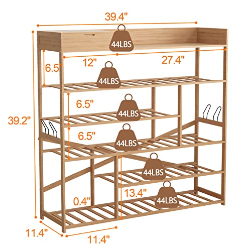 Bonzy Home Shoe Rack Storage Organizer for Entryway, 6-Tier Bamboo Solid Wood Shoe Shelf with Storage Shelf and Removable Hooks, Free Standing Storage Box Shoe Cabinet for Closet, Natural