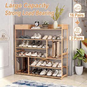 Bonzy Home Shoe Rack Storage Organizer for Entryway, 6-Tier Bamboo Solid Wood Shoe Shelf with Storage Shelf and Removable Hooks, Free Standing Storage Box Shoe Cabinet for Closet, Natural