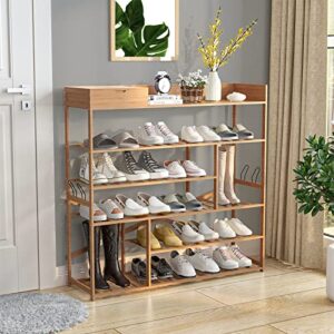 Bonzy Home Shoe Rack Storage Organizer for Entryway, 6-Tier Bamboo Solid Wood Shoe Shelf with Storage Shelf and Removable Hooks, Free Standing Storage Box Shoe Cabinet for Closet, Natural