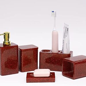 Red Glitter Bathroom Accessories Set Complete 5Pcs Soap/Lotion Dispenser&Toothbrush Holder Set,Soap Dish,Qtip Holder,Tumbler Resin restroom accessories Kit for Bath Vanity Countertop Décor Gift Packed