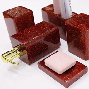 Red Glitter Bathroom Accessories Set Complete 5Pcs Soap/Lotion Dispenser&Toothbrush Holder Set,Soap Dish,Qtip Holder,Tumbler Resin restroom accessories Kit for Bath Vanity Countertop Décor Gift Packed