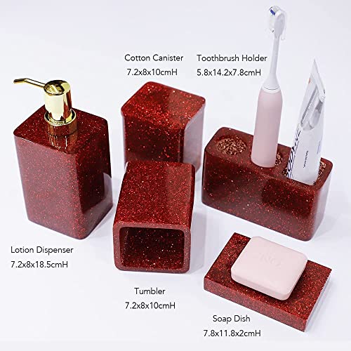 Red Glitter Bathroom Accessories Set Complete 5Pcs Soap/Lotion Dispenser&Toothbrush Holder Set,Soap Dish,Qtip Holder,Tumbler Resin restroom accessories Kit for Bath Vanity Countertop Décor Gift Packed