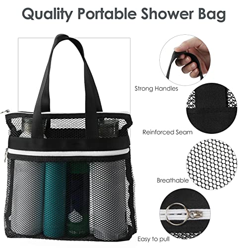 DODAMOUR 2 Packs Mesh Shower Caddy, Portable Shower Tote Bag for College Dorm, Travel Hanging Toiletry Bath Organizer with Zipper (Black)