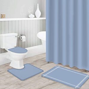 solid color shower curtain set with rugs and hooks for bathroom, 4pc waterproof fabric bath shower curtain and non-slip bathroom mats, light blue pattern