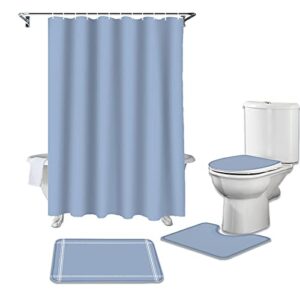 Solid Color Shower Curtain Set with Rugs and Hooks for Bathroom, 4PC Waterproof Fabric Bath Shower Curtain and Non-Slip Bathroom Mats, Light Blue Pattern