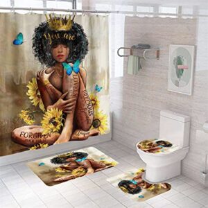 4 pcs queen girl shower curtain sets with 12 hooks waterproof polyester bathroom sets with rugs and accessories-bath mat,toilet lid cover,u-shaped mat,black girl shower curtain for bathroom