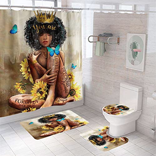 4 Pcs Queen Girl Shower Curtain Sets with 12 Hooks Waterproof Polyester Bathroom Sets with Rugs and Accessories-Bath Mat,Toilet Lid Cover,U-Shaped Mat,Black Girl Shower Curtain for Bathroom