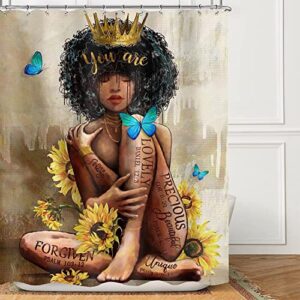 4 Pcs Queen Girl Shower Curtain Sets with 12 Hooks Waterproof Polyester Bathroom Sets with Rugs and Accessories-Bath Mat,Toilet Lid Cover,U-Shaped Mat,Black Girl Shower Curtain for Bathroom