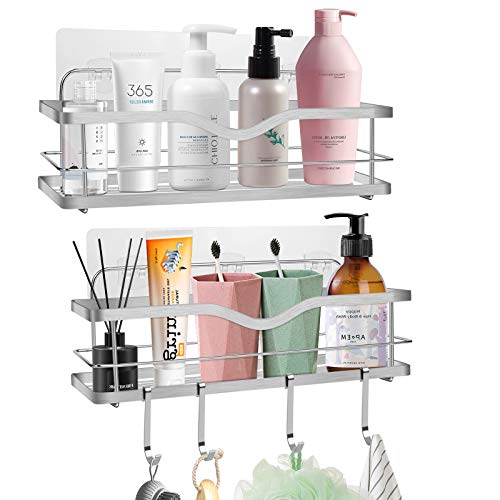 2 Pack Shower Caddy Bathroom Shelf, No Drilling Traceless Adhesive Bathroom Storage Organizer, SUS304 Rustproof Food Storage Basket, 2-in-1 Kitchen Spice Racks (Polished Silver)