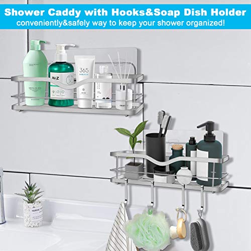 2 Pack Shower Caddy Bathroom Shelf, No Drilling Traceless Adhesive Bathroom Storage Organizer, SUS304 Rustproof Food Storage Basket, 2-in-1 Kitchen Spice Racks (Polished Silver)