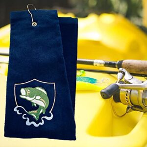 Bass Crest Embroidered Grommeted Tri-Fold Fishing Towel, Personalized (Navy Blue)