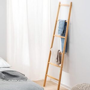 Navaris Bamboo Towel Ladder - Wooden Rack Rail Blanket, Towel, Clothes, Linen Railing Hanger for Bathroom, Bedroom - Bamboo Wood Towel Holder Stand