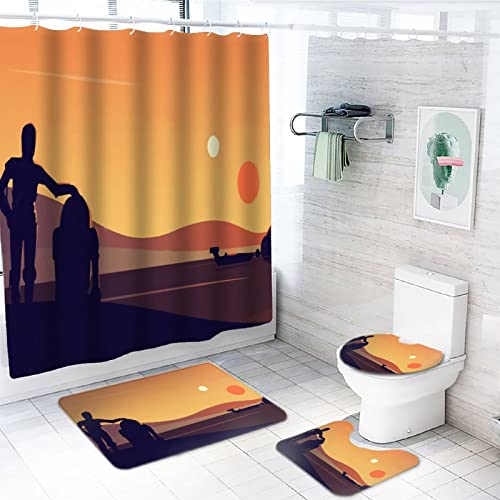 4 Pcs Shower Curtain Set Tatooine Sunset with Non-Slip Rugs Toilet Lid Cover and Bath Mat Bathroom Decor Set 72" X 72"